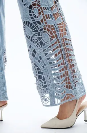 BAYEAS High-waist Embroidered Wide-leg Jeans - Cornflower