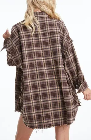 BAYEAS Plaid Oversized Shirt With Frayed Edges - Brown/khaki Plaid