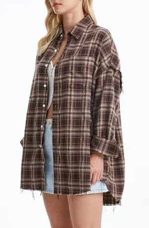 BAYEAS Plaid Oversized Shirt With Frayed Edges - Brown/khaki Plaid