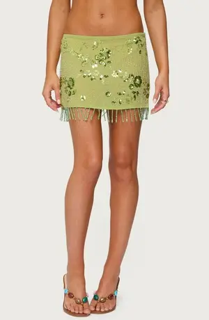 EDIKTED Embellished Fringe Mini Skirt - Green