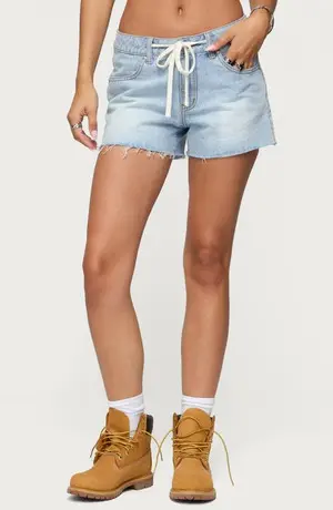EDIKTED Milla Low Rise Denim Shorts - Light-blue