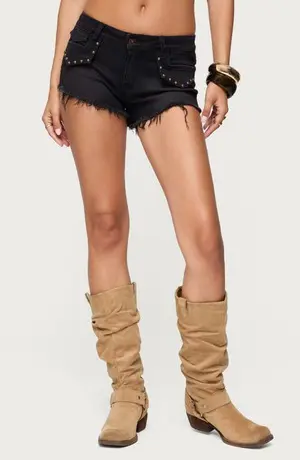 EDIKTED Studded Low Rise Denim Shorts - Black