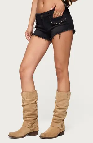 EDIKTED Studded Low Rise Denim Shorts - Black