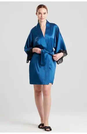 Natori Peony Glamour Short Robe - Midnight Teal