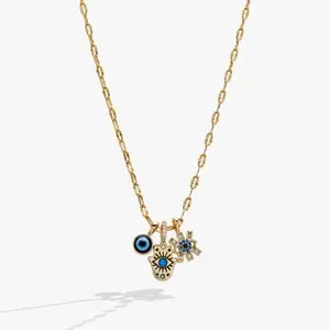 ALEX AND ANI Evil Eye Triple Charm Necklace - Gold Blue
