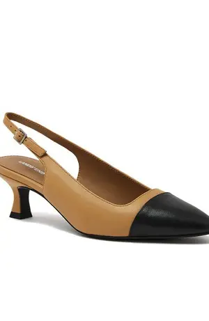 LANDS' END Leather Slingback Cap Toe Kitten Heels - Tan/black