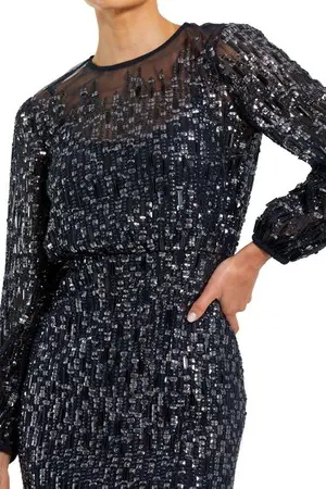 Mac Duggal Sequin Long-sleeve Blouson Gown