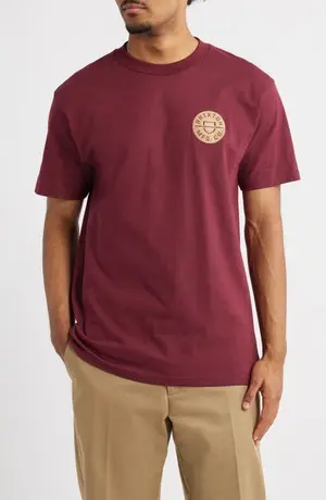Brixton Crest Cotton Graphic T-shirt - Burgandy/tobacco/sand