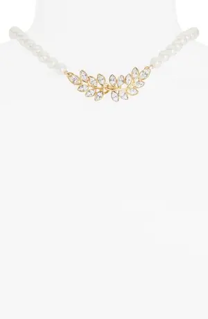 KENNETH JAY LANE Crystal Leaf Faux Pearl Necklace