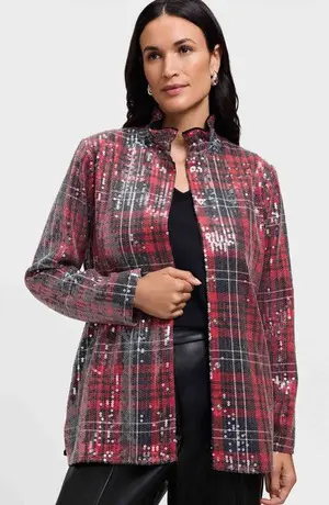 Foxcroft Carolina Plaid Sequin Shirt Jacket - Red/multi
