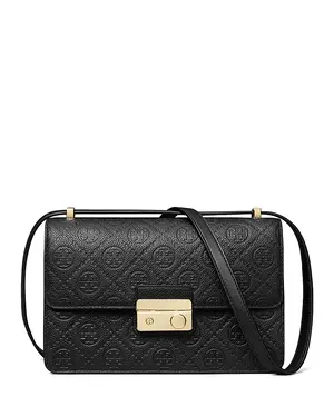 Tory Burch T Monogram Pebble Leather Shoulder Bag - Black