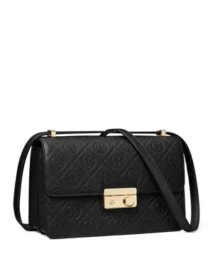 Tory Burch T Monogram Pebble Leather Shoulder Bag - Black
