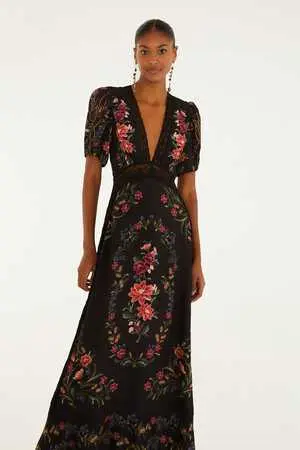 chinese dress ladies Black Delicate Forest Scarves Organic Cotton Maxi Dress – FARM Rio main image 0