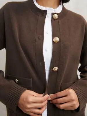 REISS Wool-cashmere Crew-neck Cardigan - Chocolate Brown