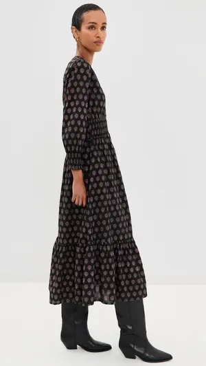 MAREA Francesca Botanical Print V-neck Midi Dress
