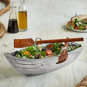 UNCOMMON GOODS Row Boat Serving Bowl With Wood Serving Utensils - Silver/brown