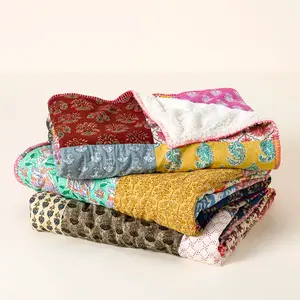 UNCOMMON GOODS Repurposed Sari Plush Backed Blanket - Multi-colored Patchwork