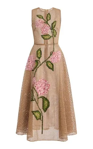Oscar De La Renta Floral Rattan Guipure Midi Dress - Khaki