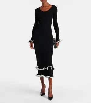 Simkhai Solani Ribbed-knit Midi Dress With Ruffled Trim