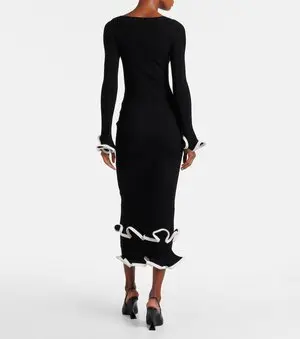 Simkhai Solani Ribbed-knit Midi Dress With Ruffled Trim