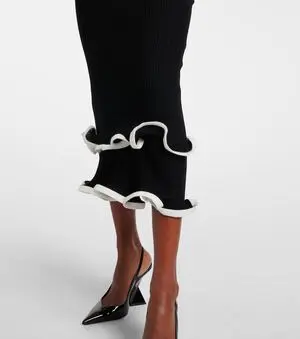 Simkhai Solani Ribbed-knit Midi Dress With Ruffled Trim