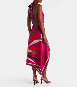 Emilio Pucci Hawaii Asymmetric Silk Satin Midi Skirt - Multicoloured