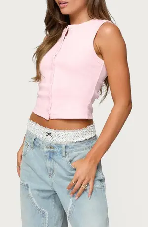 EDIKTED Ribbed Button Front Sleeveless Top - Light-pink