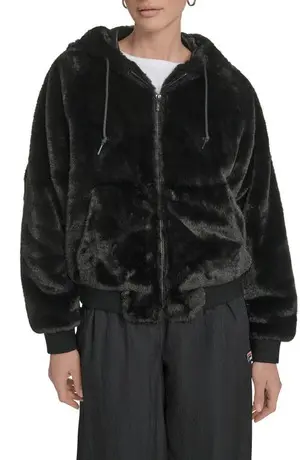 Champion Faux Fur Bomber Hoodie - Black