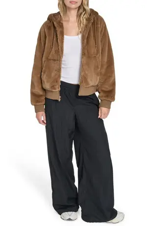 Champion Faux Fur Bomber Hoodie - Cognac