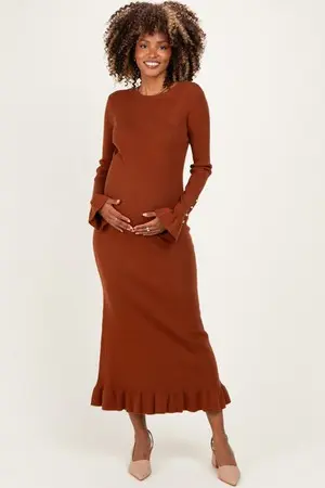 PINKBLUSH Ribbed Knit Bow Back Maxi Dress - Brown