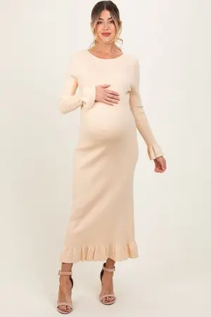 PINKBLUSH Ribbed Knit Bow Back Maternity Maxi Dress Cream