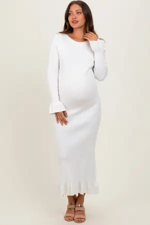 PINKBLUSH Ribbed Knit Bow Back Maxi Dress - Ivory