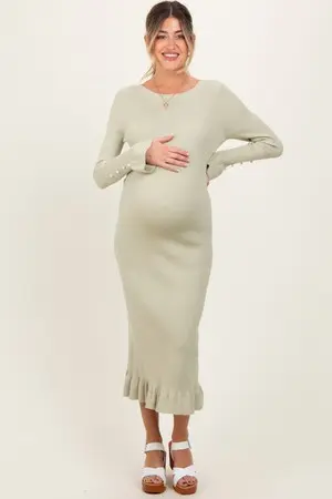 PINKBLUSH Ribbed Knit Bow Back Maternity Maxi Dress - Light Olive