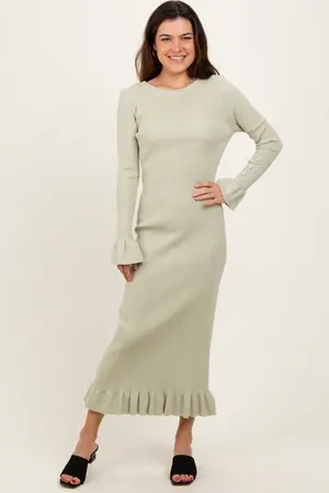 PINKBLUSH Ribbed Knit Bow Back Maternity Maxi Dress - Light Olive