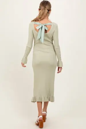 PINKBLUSH Ribbed Knit Bow Back Maxi Dress - Light Olive