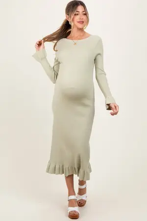 PINKBLUSH Ribbed Knit Bow Back Maxi Dress - Light Olive