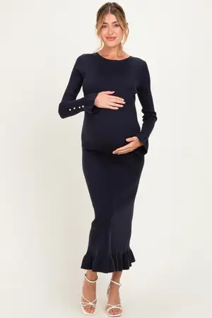 PINKBLUSH Ribbed Knit Bow Back Maxi Dress Navy Blue