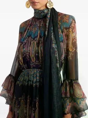 Etro, Long Silk Dress With Placed Print, Woman, Blue, Size 40