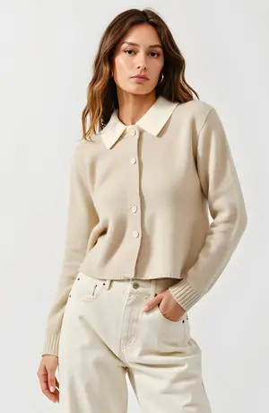 MODENAIRE Cropped Knit Cardigan With Contrast Collar