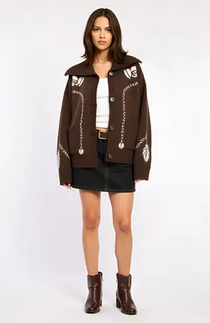 MODENAIRE Button-up Knit Cardigan With Abstract Floral Print