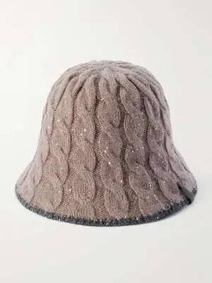 Brunello Cucinelli Embellished Cable-knit Bucket Hat - Light Brown