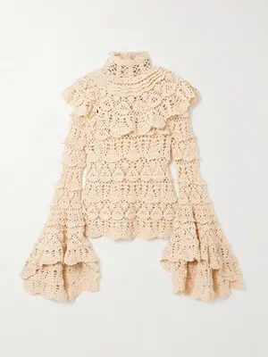 Zimmermann Hypnotic Tiered Crocheted Cotton Turtleneck Top