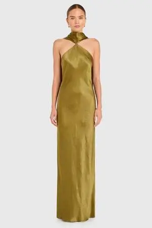 Amanda Uprichard Ashton Maxi Dress In Textured Satin - Olive