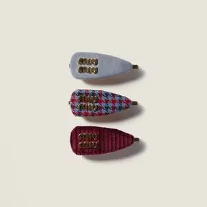 Miu Miu Checked Fabric, Corduroy, And Suede Hair Barrettes - Astral Blue /periwinkle/bordeaux