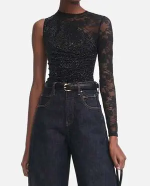 SELF-PORTRAIT Rhinestone Lace Sleeve Top - Black