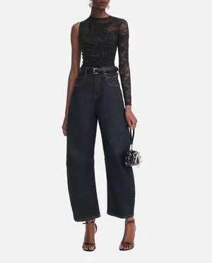SELF-PORTRAIT Rhinestone Lace Sleeve Top - Black