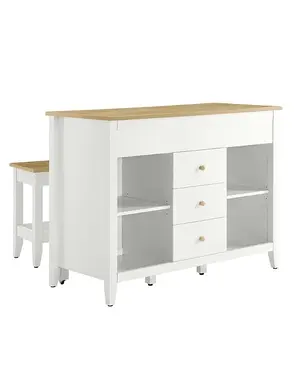 MODWAY Farmstead Kitchen Island And Stool, Set Of 3 - Oak White