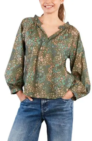 BILLY T Split Neck Cotton Blend Peasant Top