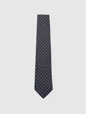 REISS Silk Floral Medallion-print Tie - Charcoal/bordeaux