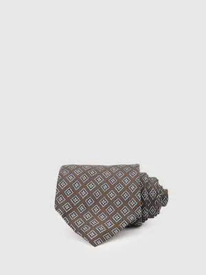 REISS Silk Floral Medallion-Print Tie Chocolate/charcoal
